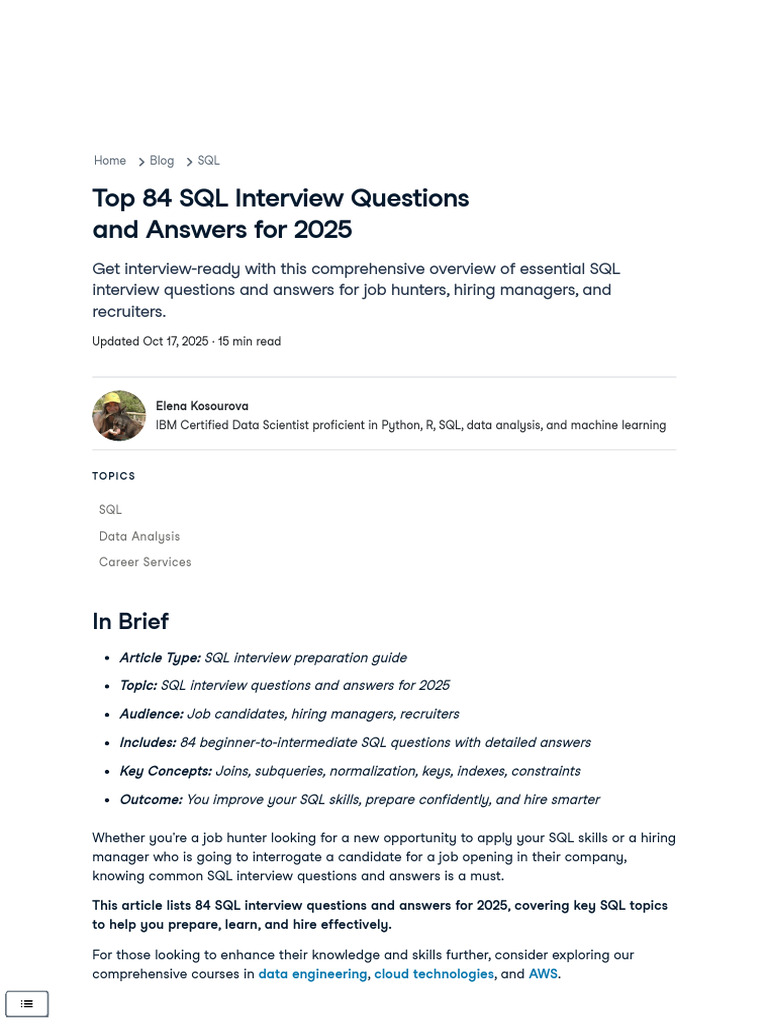 Top 84 SQL Interview Questions and Answers For 2025 - DataCamp | PDF ...