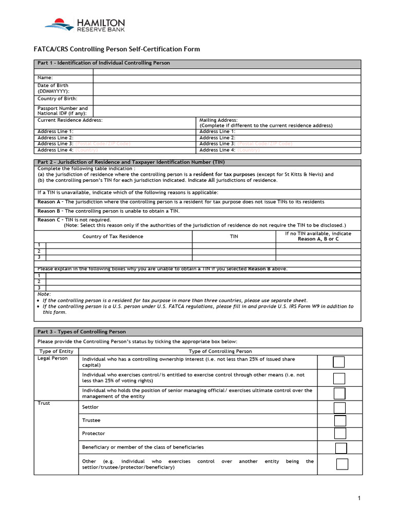 FATCA CRS Individual Self Certification Form 05.11.2022 - Fillable | PDF | Legal Documents | Taxes
