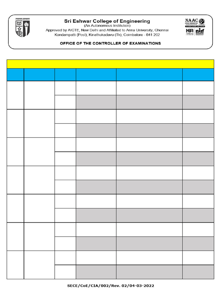 03.11.25 FN To 07.11.25 FN - Sem 1 - CIA 2 - Hall Plan | PDF