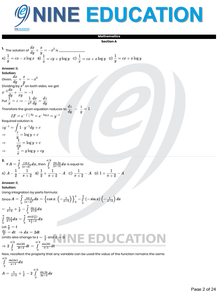 (9e) Jee Main Part Test 2025-08 Solutions and Results | PDF ...