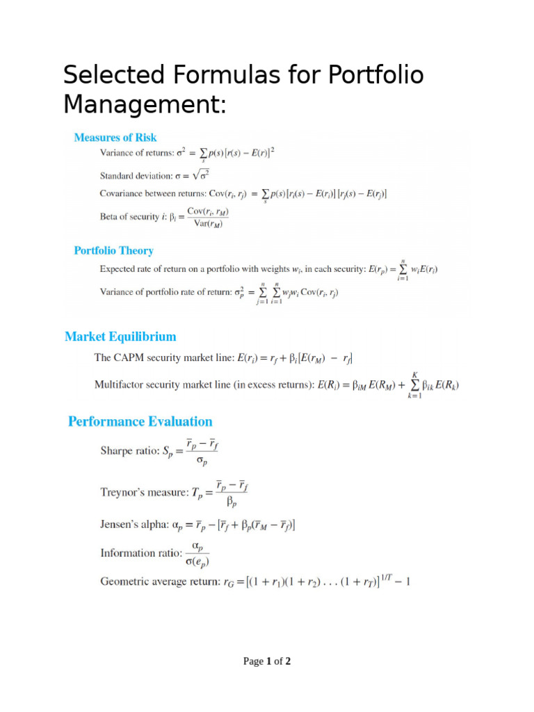 Formulas For Portfolio Management | PDF