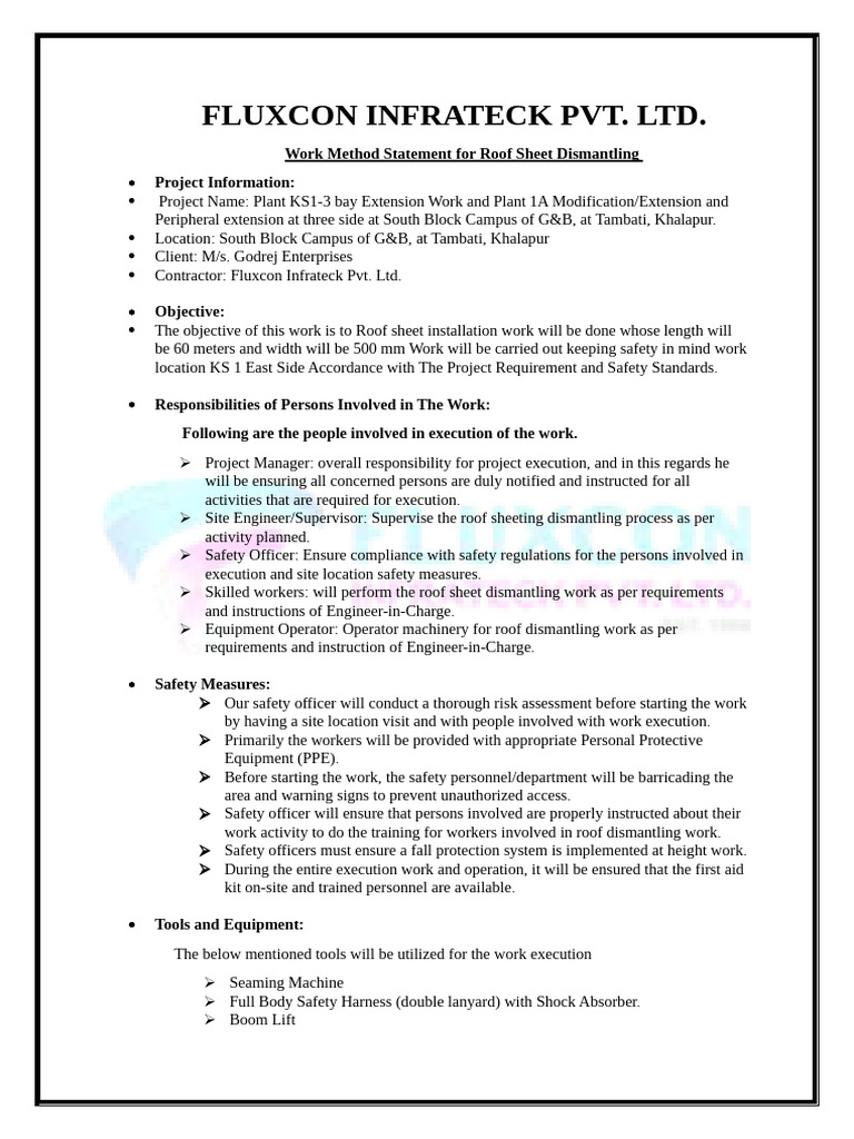 WMS of SSR Roof Sheet Installation 2025 KS 1 BLOCK | PDF | Safety