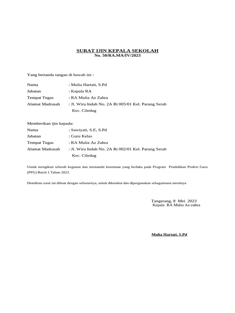Surat Izin PPG Guru RA Mulia Az Zahra | PDF