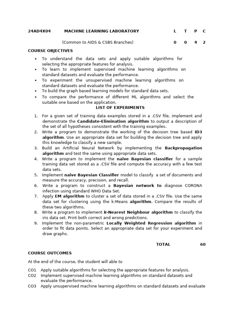 24ad4x04-Machine Learning Laboratory | PDF | Machine Learning | Applied ...