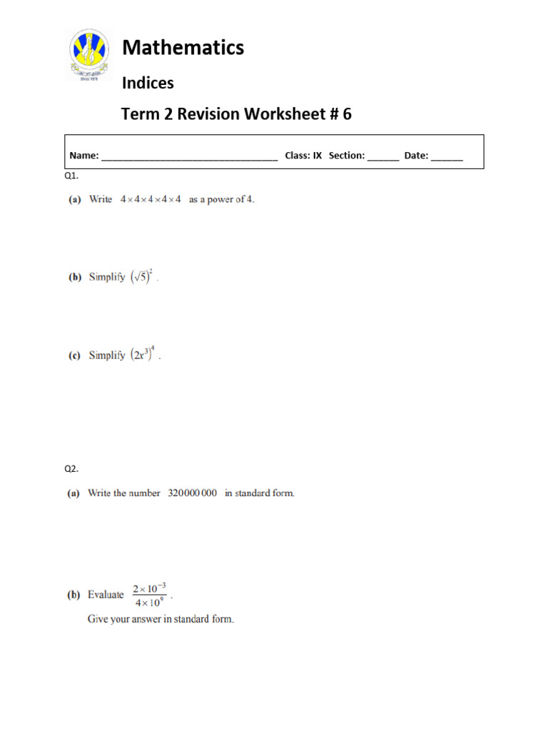 Revision Worksheet # 6 Mathematics (Indices) - Term 2 (Grade 9) | PDF