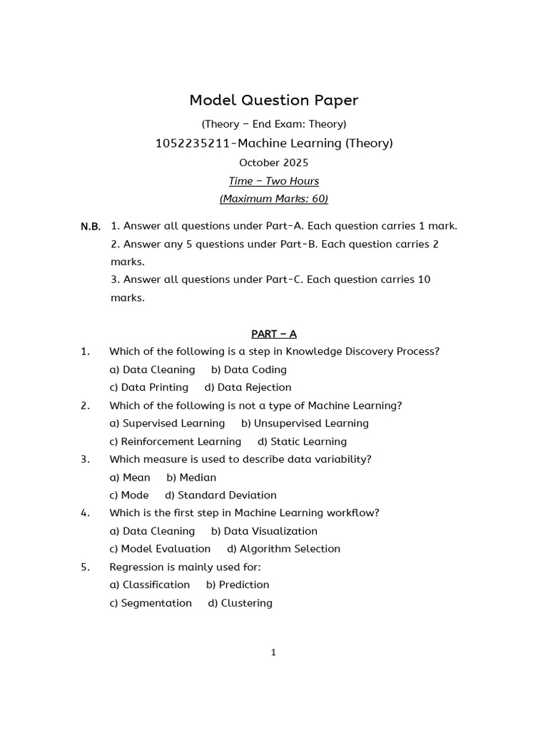 Model Question Paper: 1052235211-Machine Learning (Theory) | PDF ...