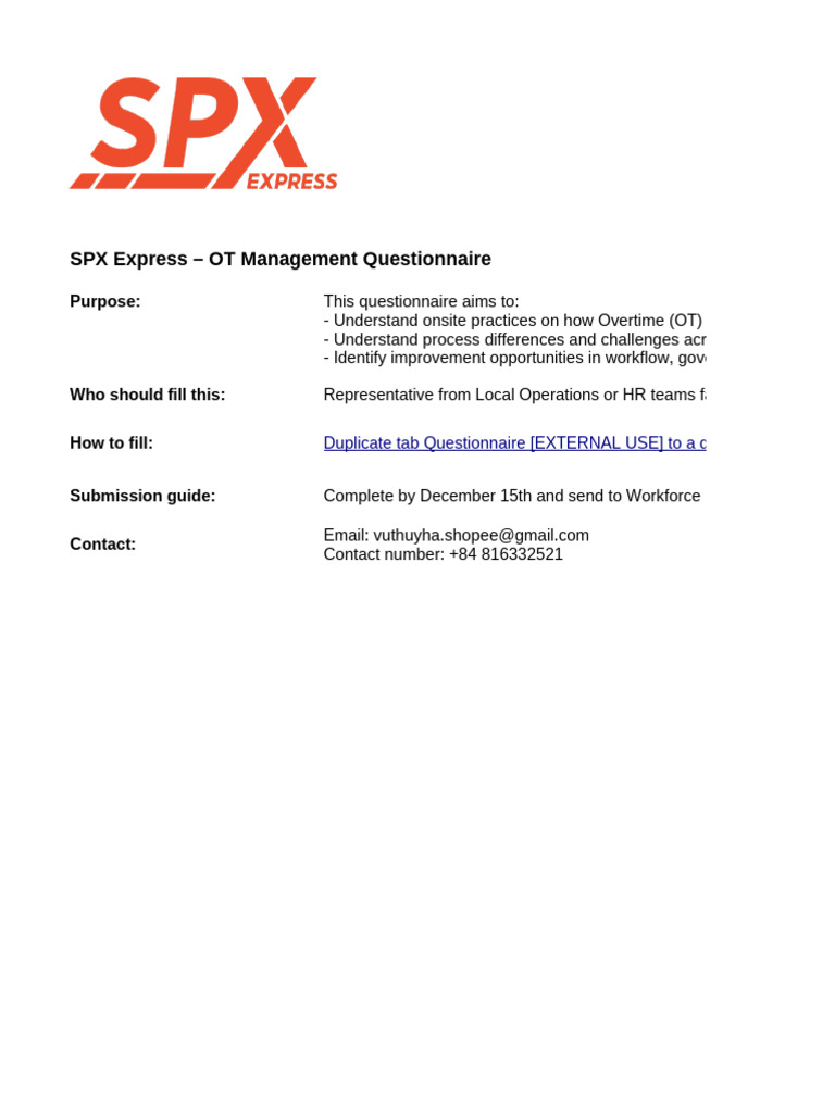 SPX Express - Questionnaire On OT SOP Template | PDF | Accuracy And Precision | Governance