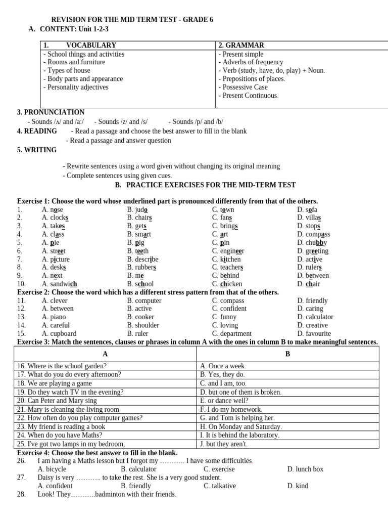 Grade 6 Mid-Term Test Revision Guide | PDF | Adverb | Linguistics
