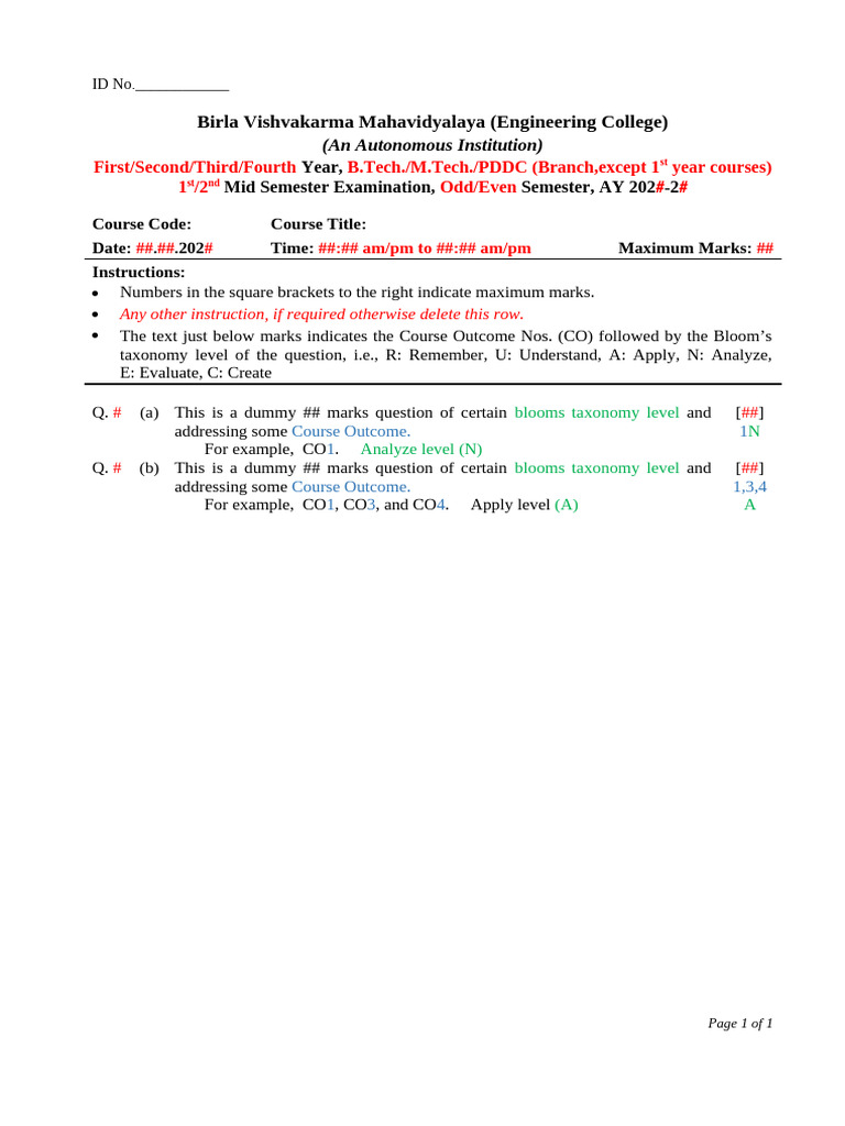 Format of Question Paper For Mid Semester Exam | PDF