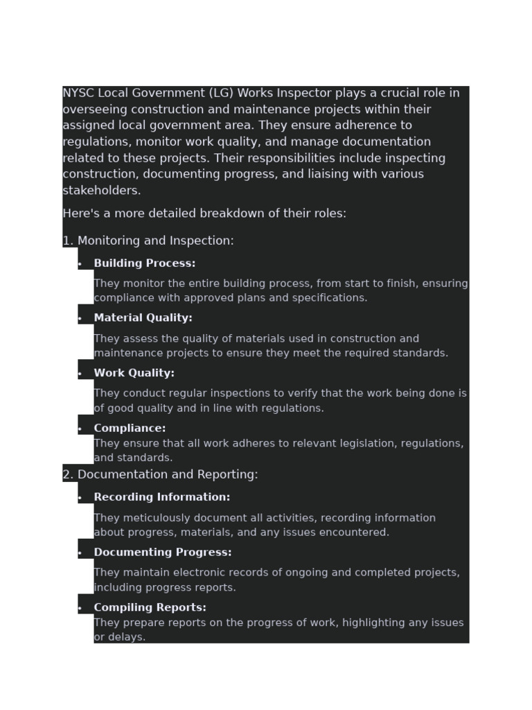 NYSC Local Government Works Inspector Roles | PDF | Regulatory Compliance