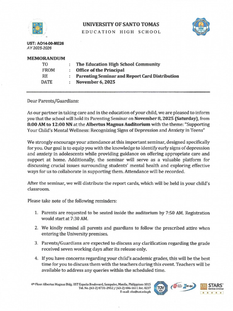Memo #26 s25-26 Parenting Seminar & Report Card Distribution | PDF