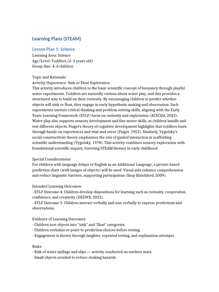 STEAM Lesson Plans (1) | PDF | Early Childhood Education | Learning