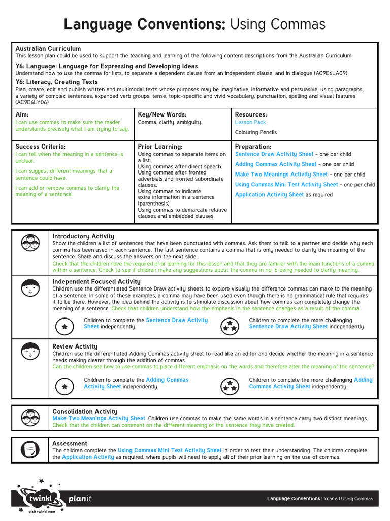 Lesson Plan Using Commas | PDF | Comma | Clause
