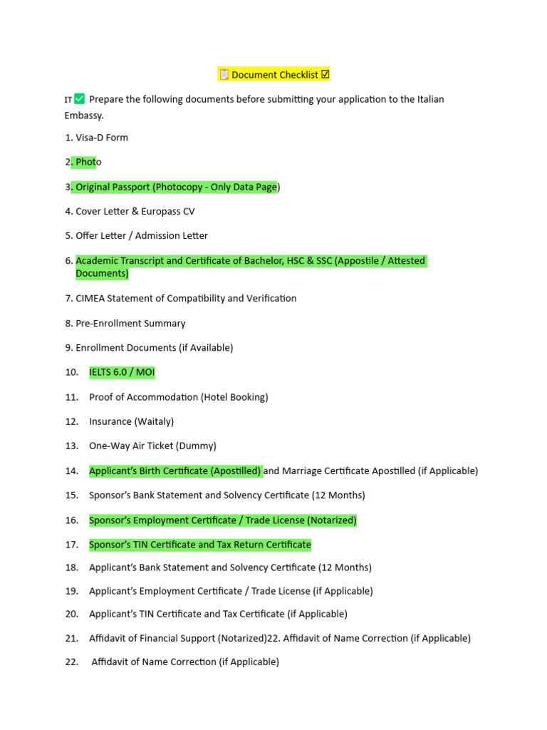 Italian Embassy Application Checklist | PDF
