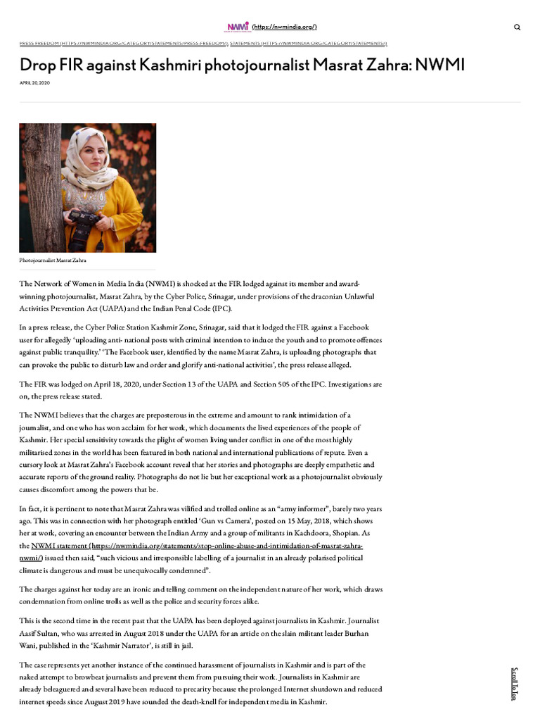 April - 2020 - Drop FIR Against Kashmiri Photojournalist Masrat Zahra ...