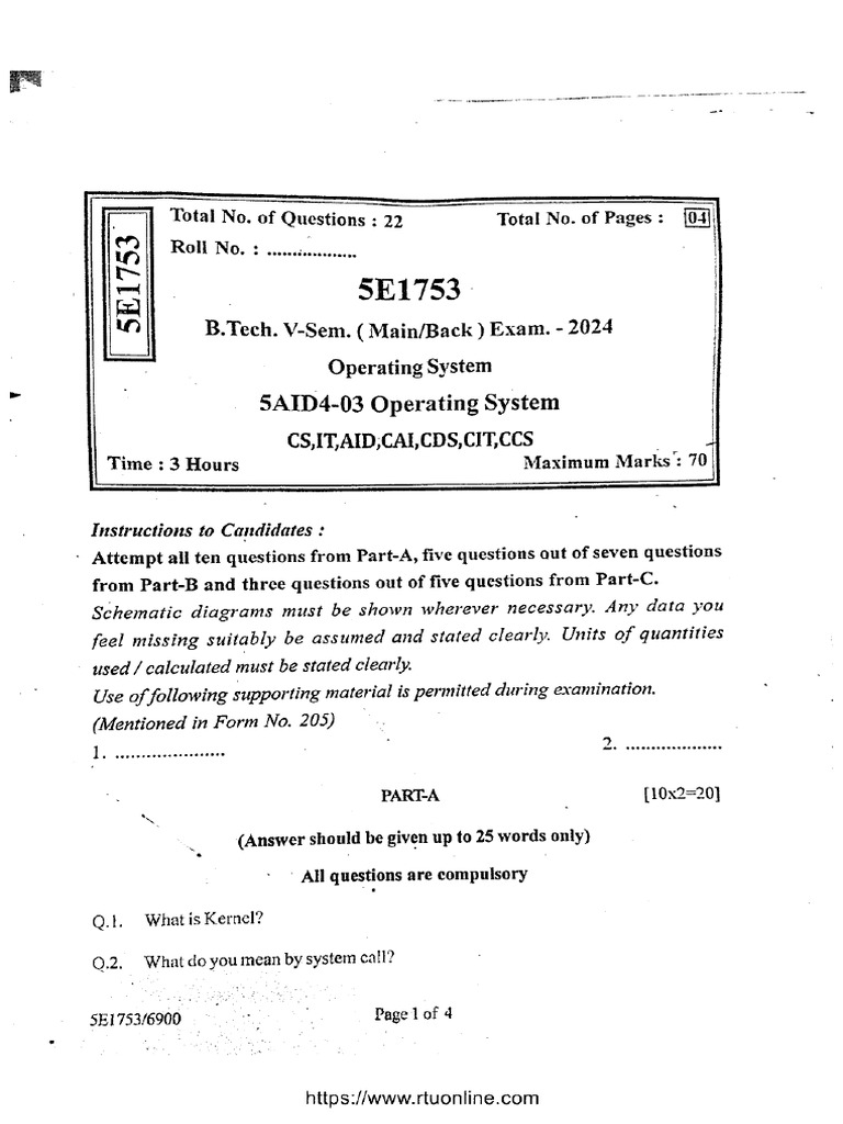 Btech Cs It 5 Sem Operating System 5e1753 2024 | PDF