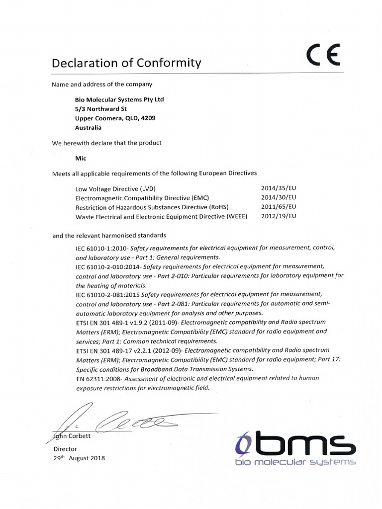 Mic Declaration of Conformity (CE) | PDF