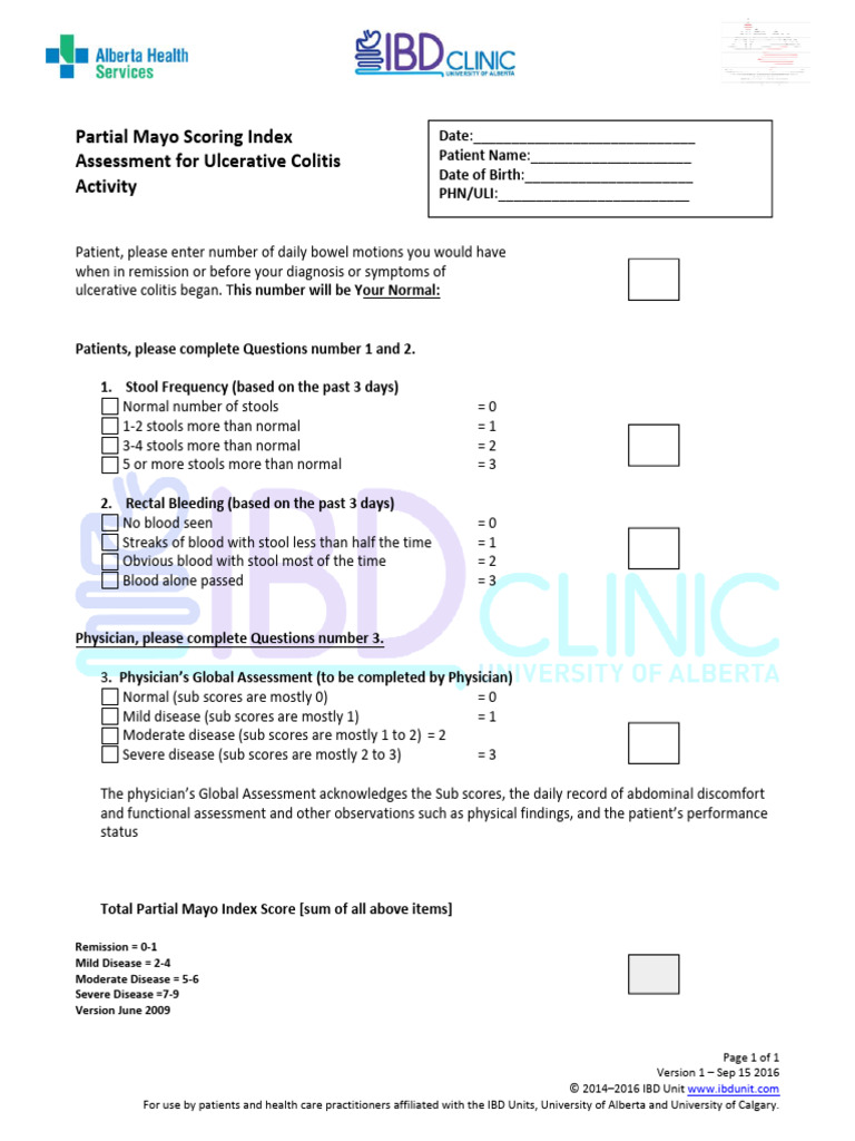 Partial Mayo Score for Ulcerative Colitis | PDF | Inflammatory Bowel ...