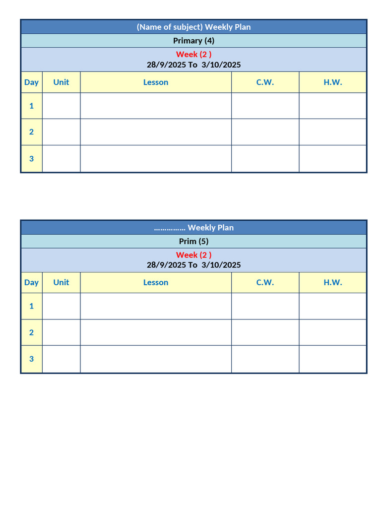 Weekly Plan Form - Week (2) 28-10-2025-1 | PDF