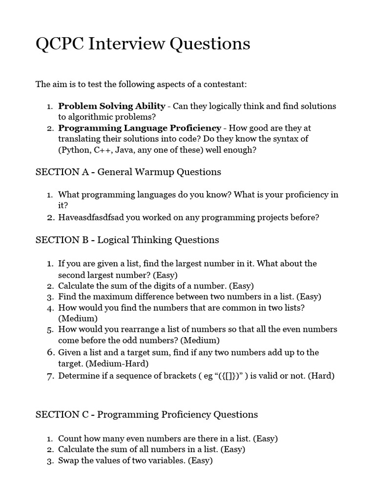 QCPC Interview Questions Guide | PDF | Computer Programming ...