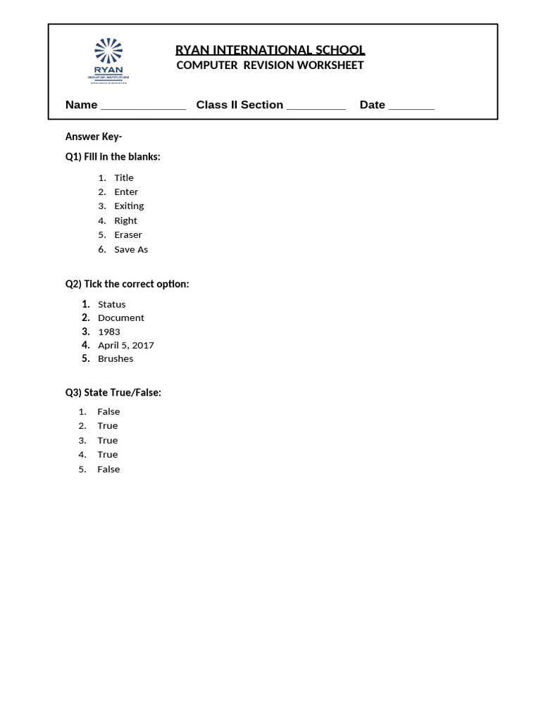 Answer Key - Class -II | PDF
