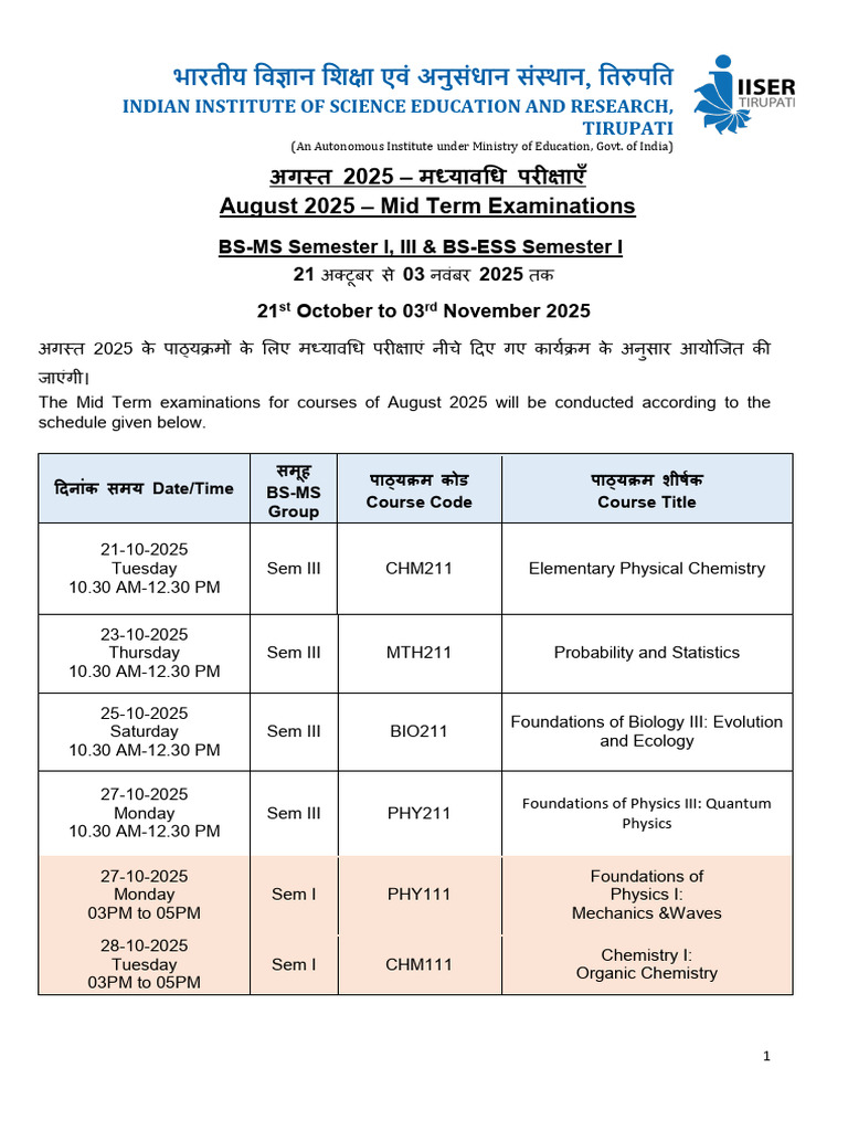 Mid Term SCHEDULE-August 2025-BSMS BS-ESS Sem 1-Sem 3 - Students | PDF ...