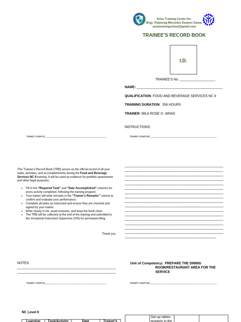 Trainee's Record Book | PDF | Cooking