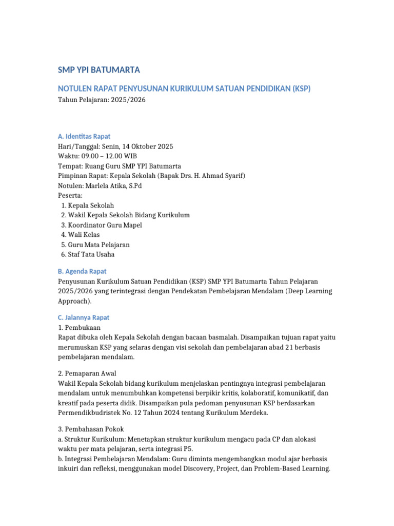 Notulen Rapat Penyusunan KSP SMP YPI Batumarta | PDF