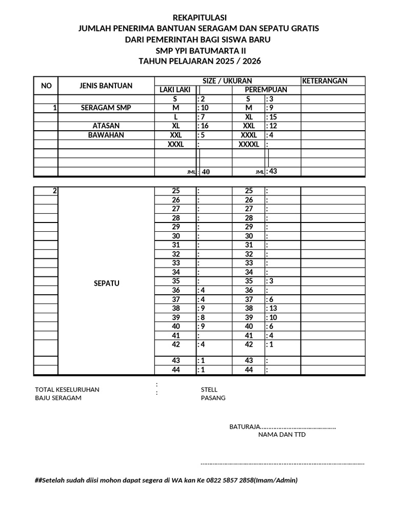 Cek List Form Ukuran Rekap Baju Dan Sepatu SMP | PDF