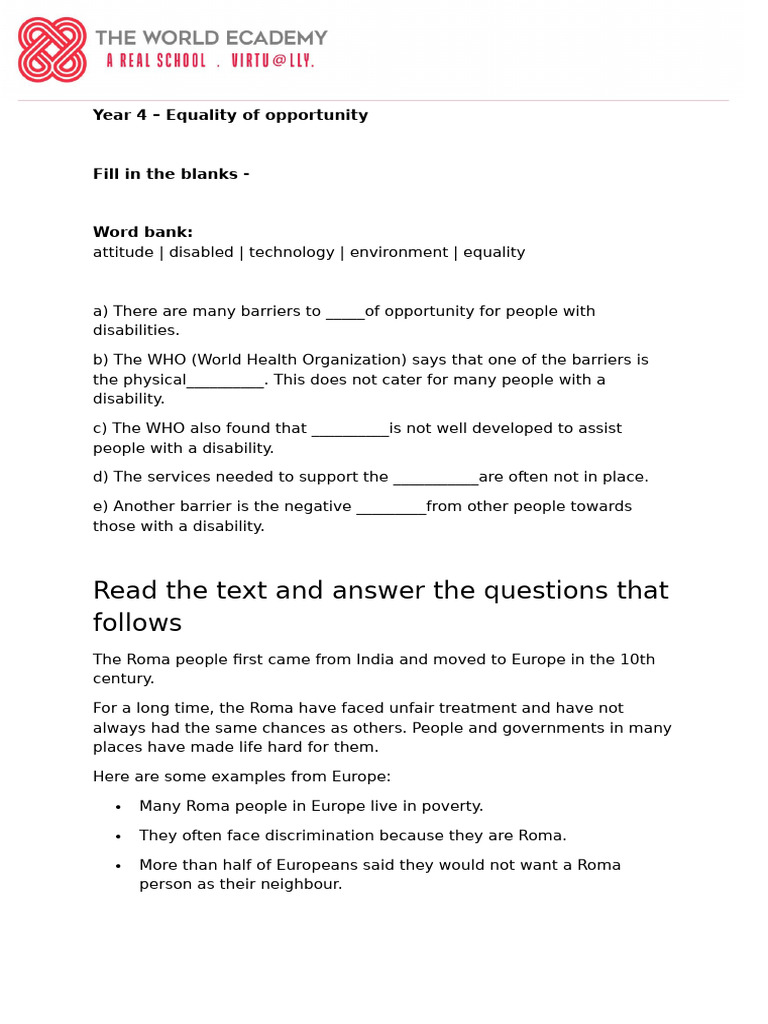 Read The Text and Answer The Questions That Follows: Year 4 - Equality ...