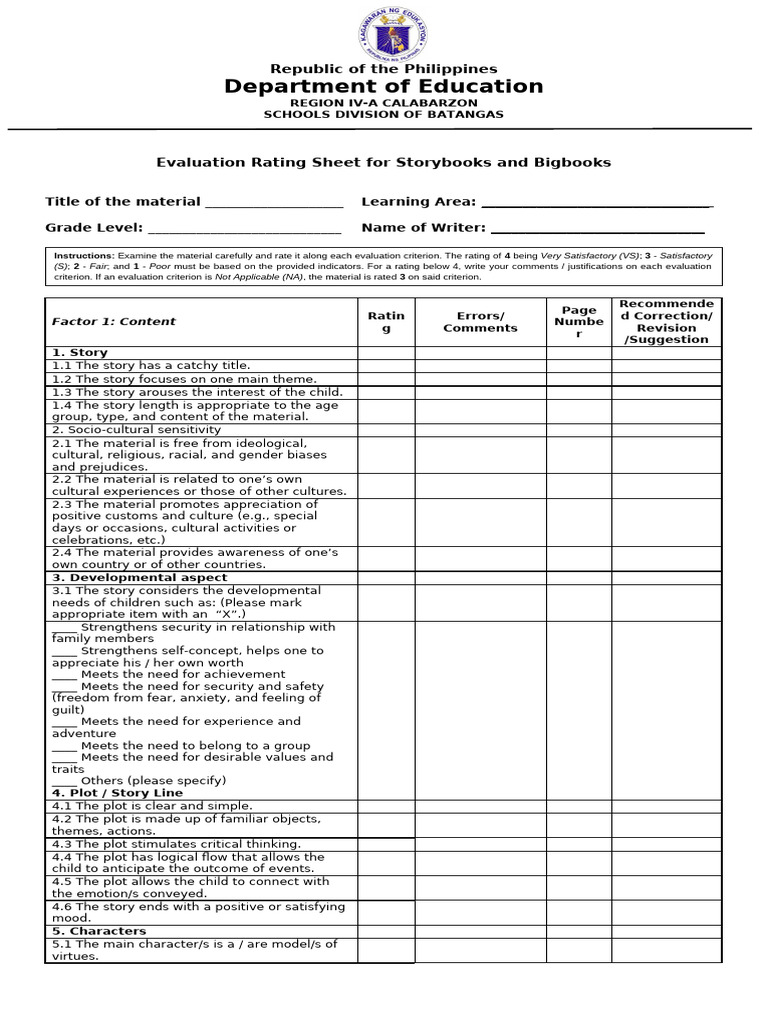 Evaluation Rating Sheet For Storybooks and Bigbooks | PDF | Typography ...