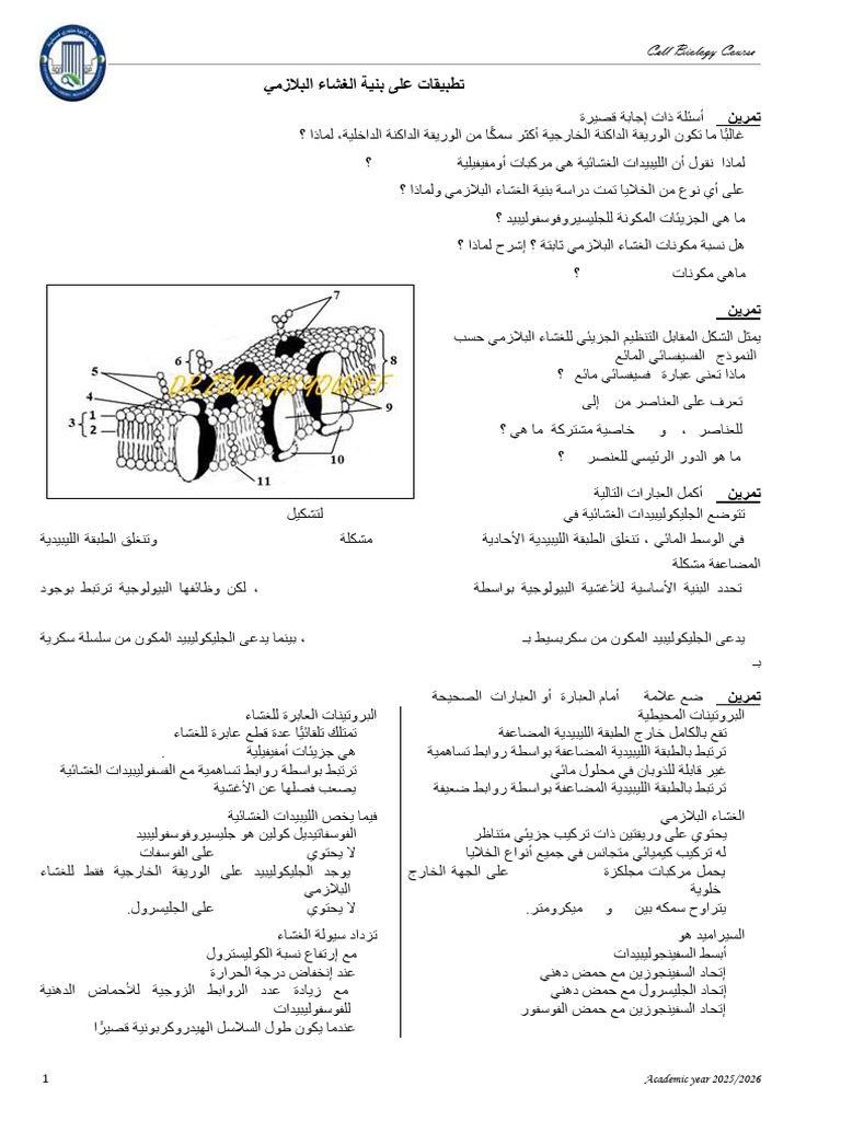 TD N°5 - تطبيقات على بنية الغشاء البلازمي (2025-2026) | PDF
