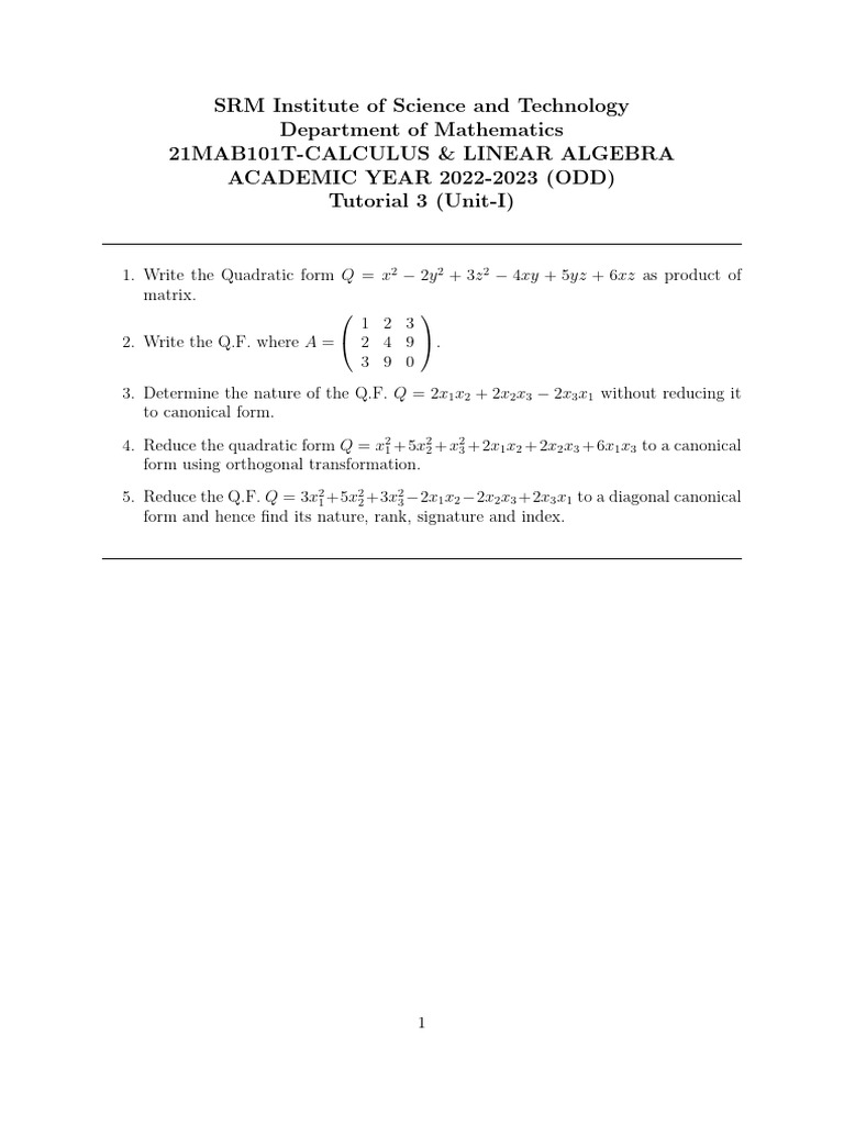 Quadratic Forms in Calculus & Linear Algebra | PDF