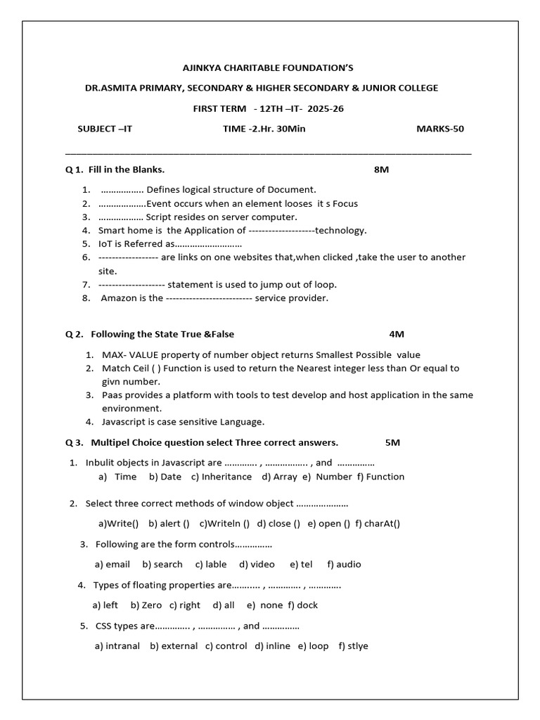 12 th- IT paper set-25-26 | PDF | Java Script | Computer Programming