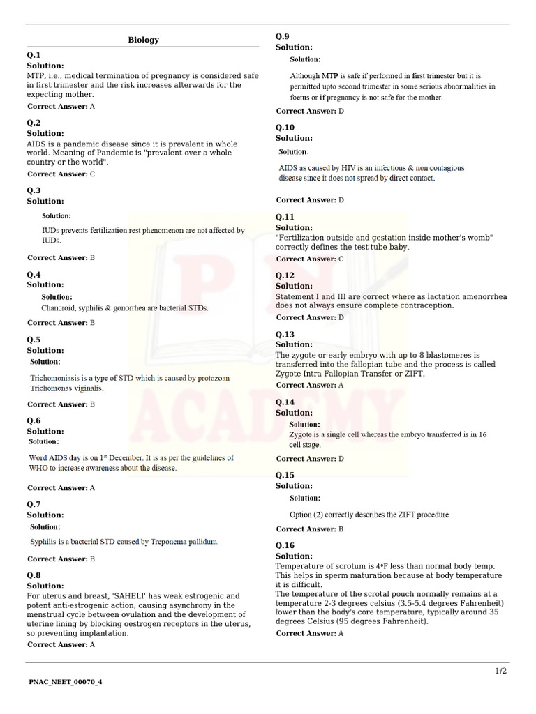 PNAC NEET 00070 4 Solution PDF | PDF | Sexual Reproduction | Mammal ...