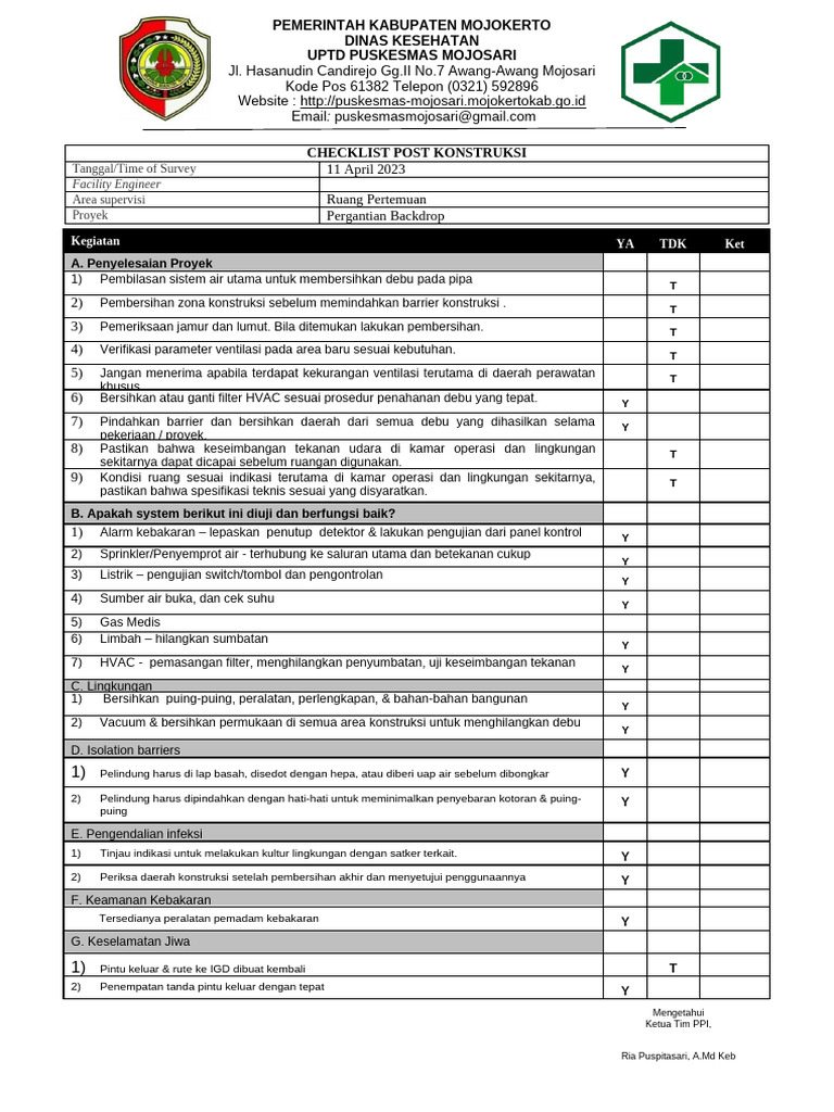 Checklist Post Konstruksi Puskesmas Mojosari | PDF