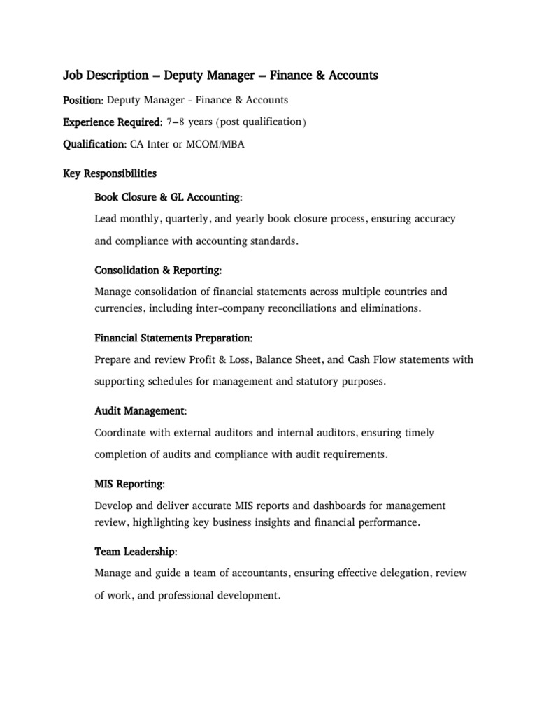 Deputy Manager - Finance & Accounts Role | PDF