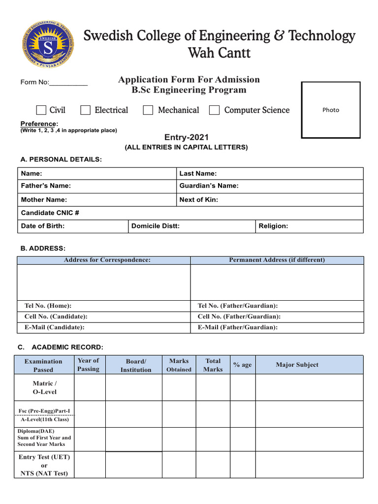 Admission Form for B.Sc Engineering | PDF