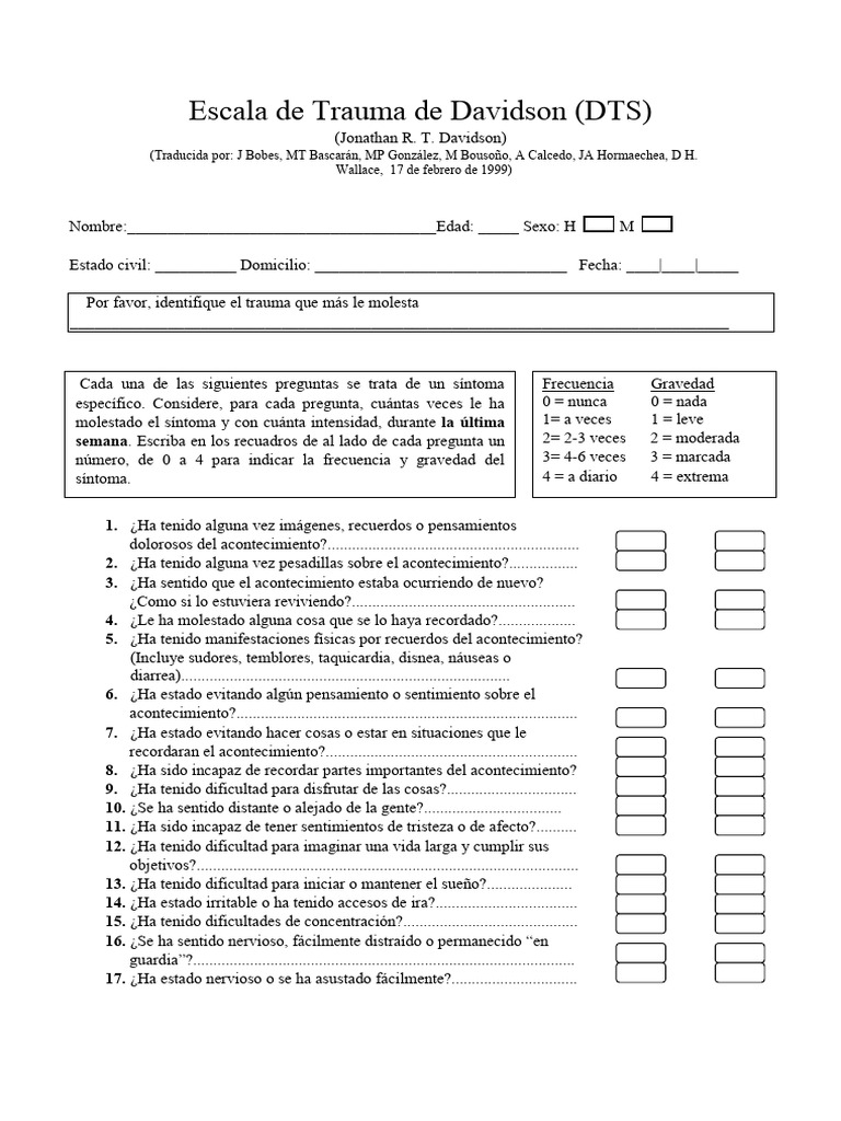 Escala de Trauma de Davidson: Evaluación PTSD | PDF | Enfermedades y ...