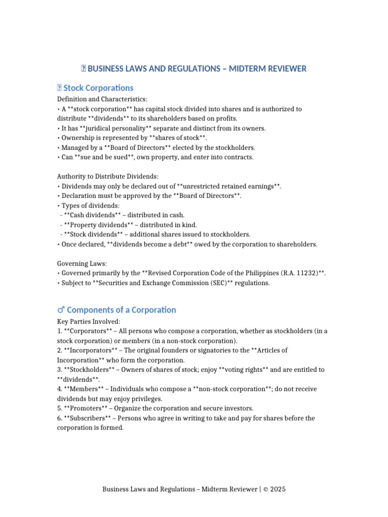 Business Laws and Regulations Reviewer Formatted | PDF | Corporations ...