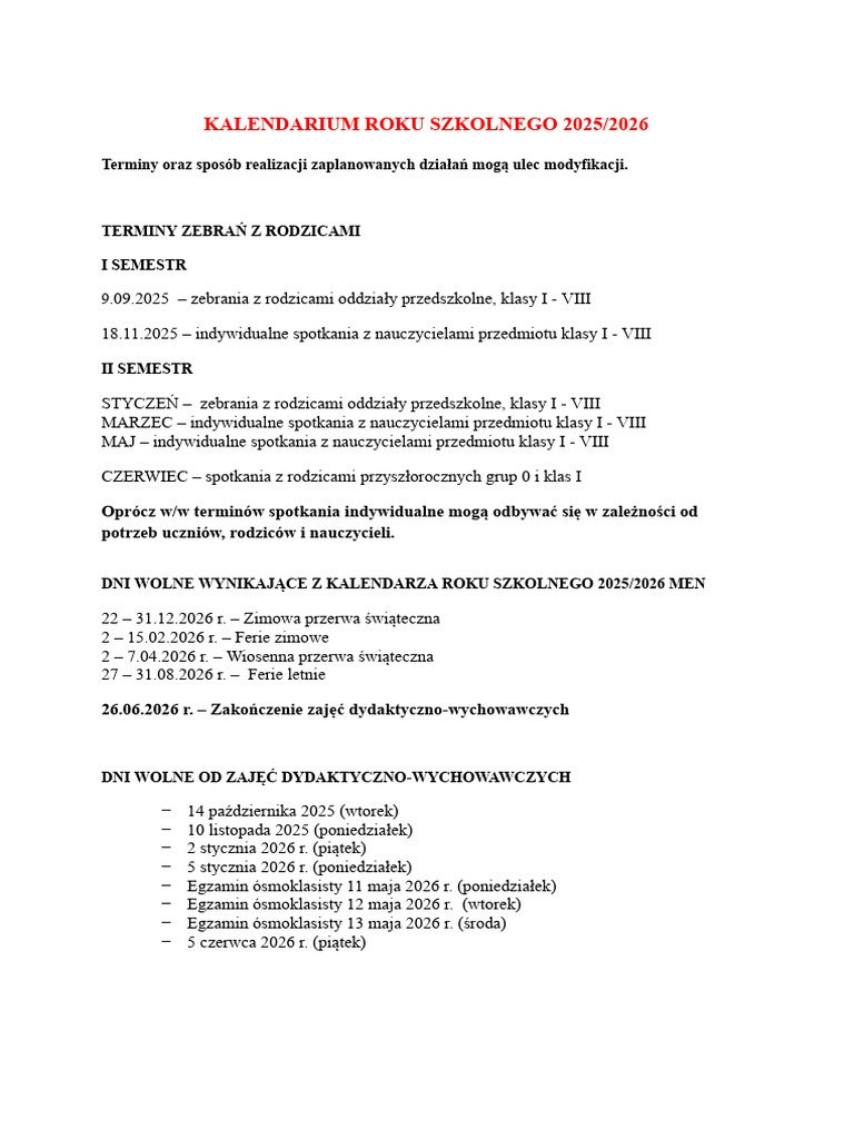 Kalendarium Roku Szkolnego 2025 2026 | PDF