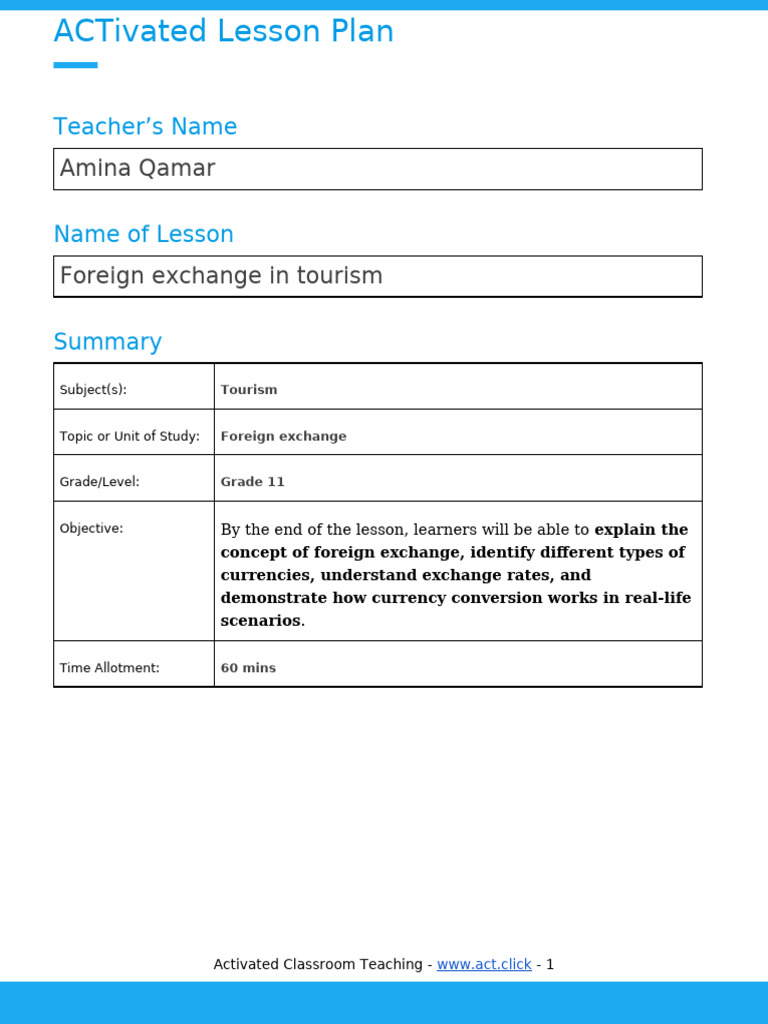 Foreign Exchange Lesson Plan for Tourism | PDF | Exchange Rate | Lesson ...