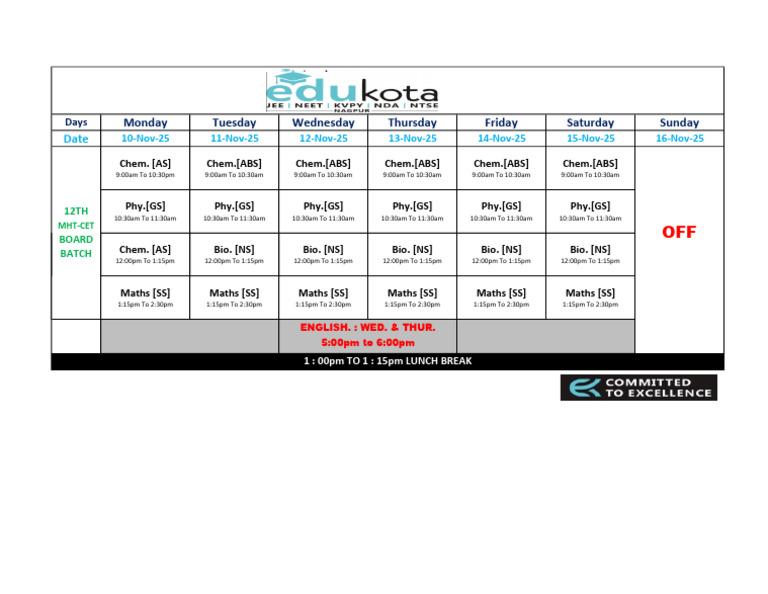 12th Mht-Cet Time Table 10 - Nov To 16 Nov. 2025 | PDF