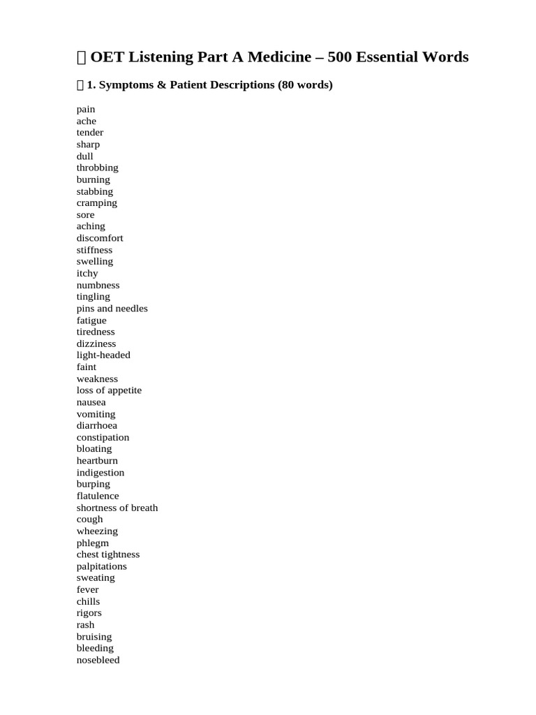 OET Listening A: 500 Medical Terms | PDF | Pain | Stroke