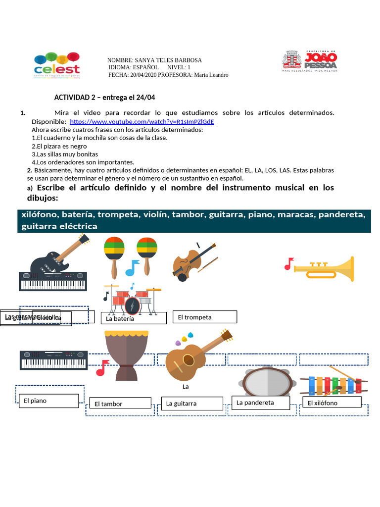 Artículos definidos en español: Ejercicios | PDF | Kit de batería