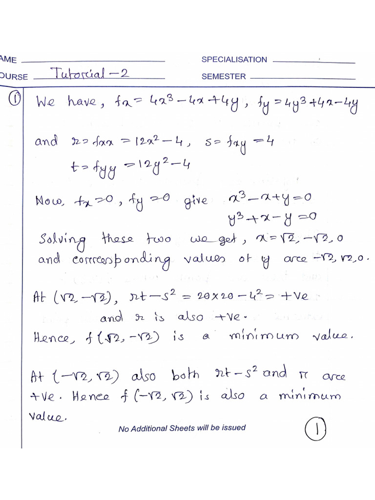 Unit 2 Functions of Several Variables Tutorial 2 Solutions | PDF