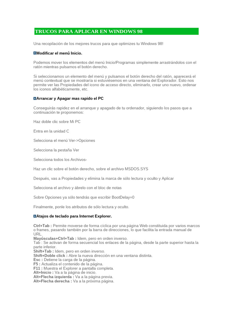 TRUCOS PARA APLICAR EN WINDOWS 98 | PDF | Windows 10 | Microsoft Windows