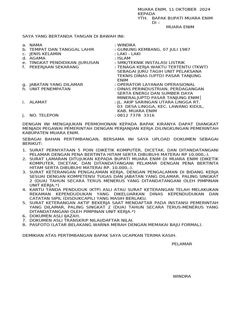 FORMAT SURAT LAMARAN PPPK 2024 | PDF