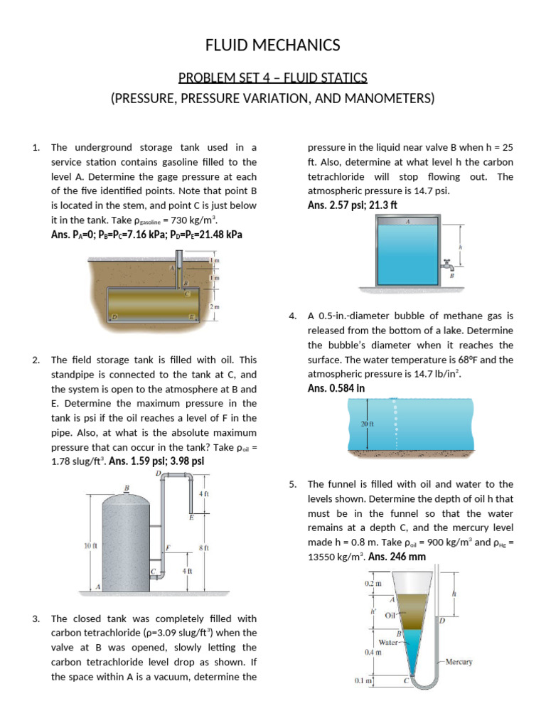 Problem Set 4 - Fluid Statics (Pressure, Pressure Variation, and Manometers) | PDF | Pressure ...