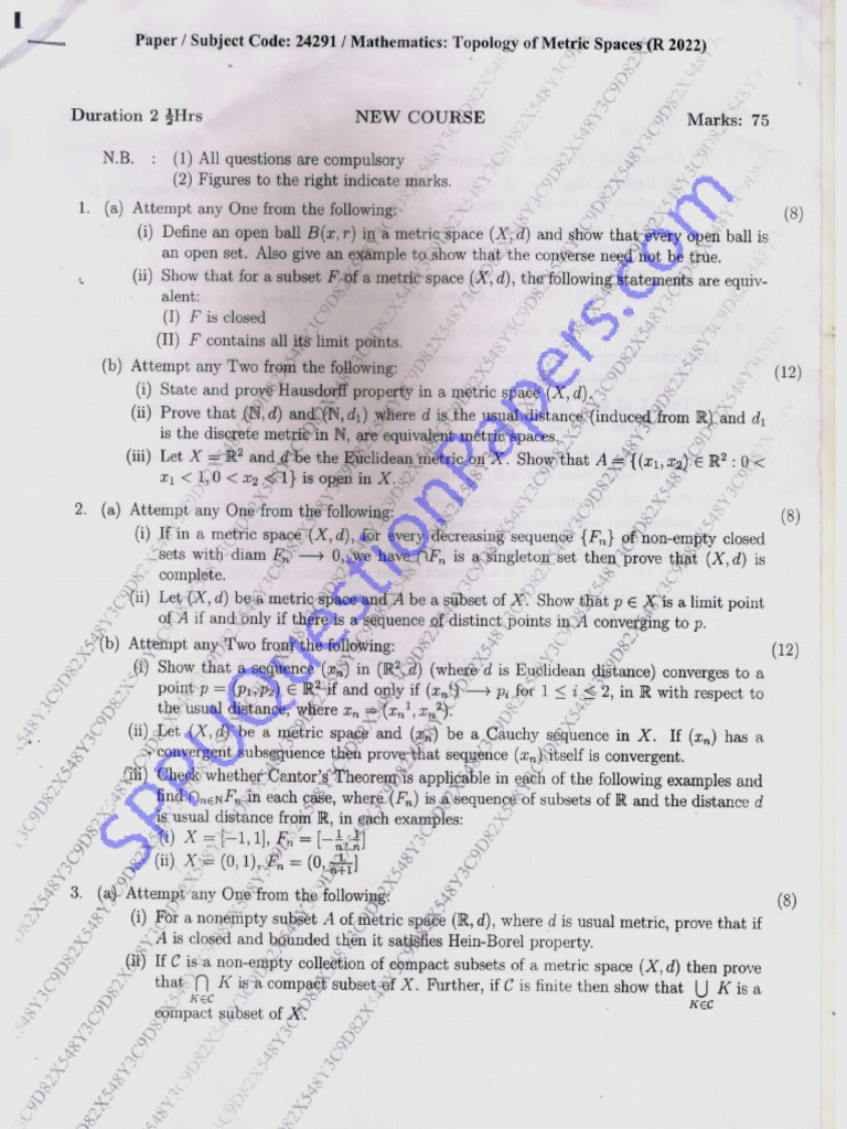 Science BSC Mathematics Semester 5 2024 November Topology of Metric Spaces Cbcs | PDF